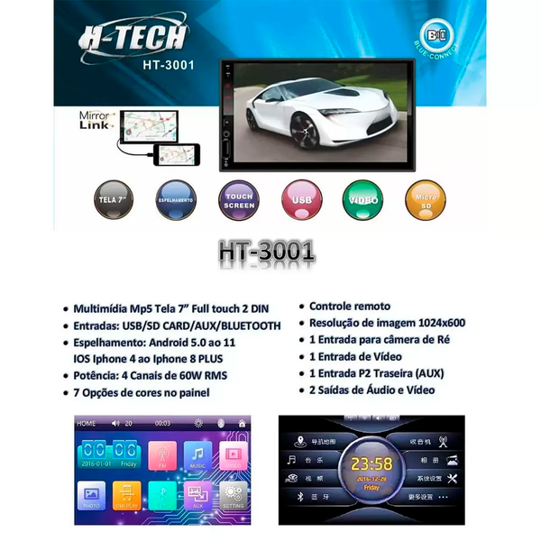 CENTRAL MULTIMÍDIA MP5 2DIN 7" USB/SD/BT/ESP FULL TOUCH H-TECH